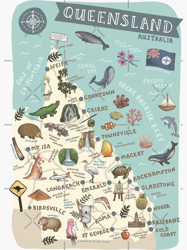 "Map of Queensland" Sticker for Sale by thosepencils | Redbubble