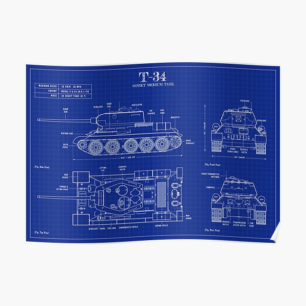 "T34 Soviet Medium Tank (Blueprint)" Poster for Sale by BLUE GALAXY ...