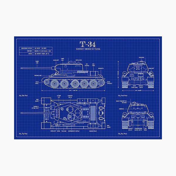 "T34 Soviet Medium Tank (Blueprint)" Photographic Print for Sale by ...