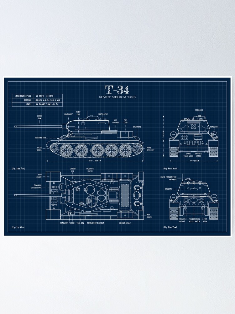 "T34 Soviet Medium Tank (Navy Blueprint)" Poster for Sale by BGALAXY ...