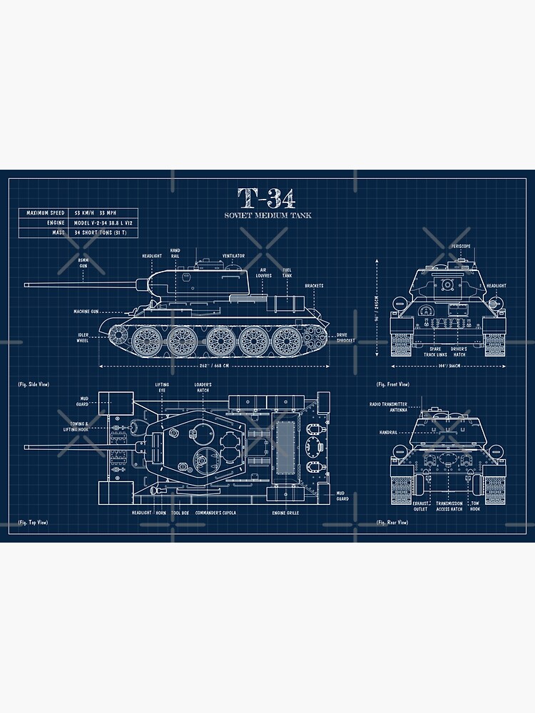 "T34 Soviet Medium Tank (Navy Blueprint)" Sticker for Sale by Blue ...