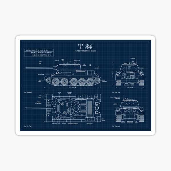 "T34 Soviet Medium Tank (Navy Blueprint)" Sticker for Sale by Blue ...