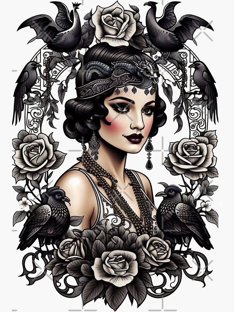 "Traditional Beautiful In Black 1920s Flapper with Black Crows, Black ...