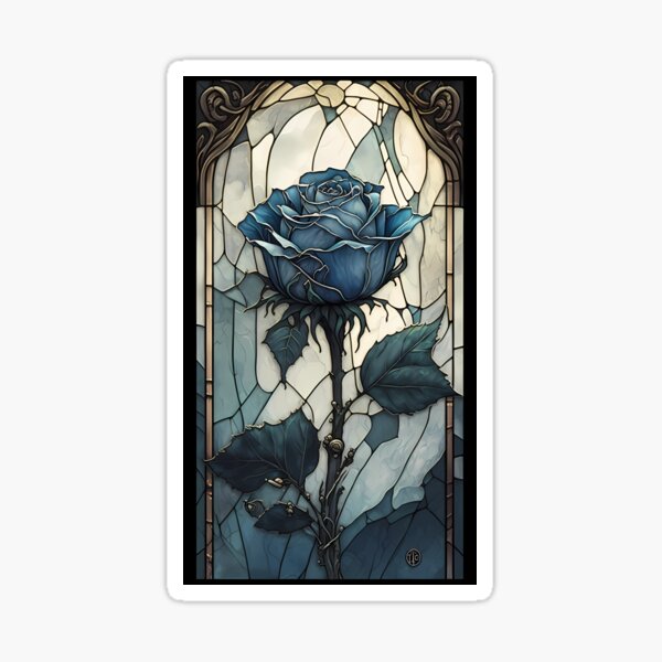 "a stained glass window with a blue rose on it" Sticker for Sale by ...