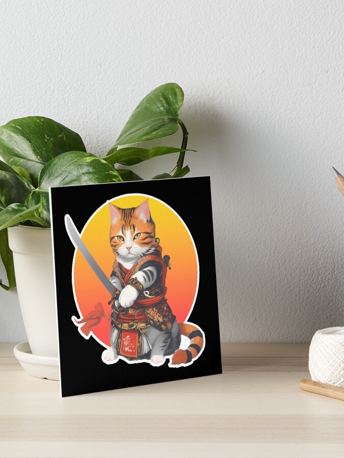 "Samurai tabby orange cat on red sunrise circle background ukiyo-e ...