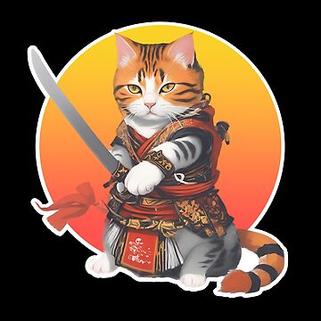 "Samurai tabby orange cat on red sunrise circle background ukiyo-e ...