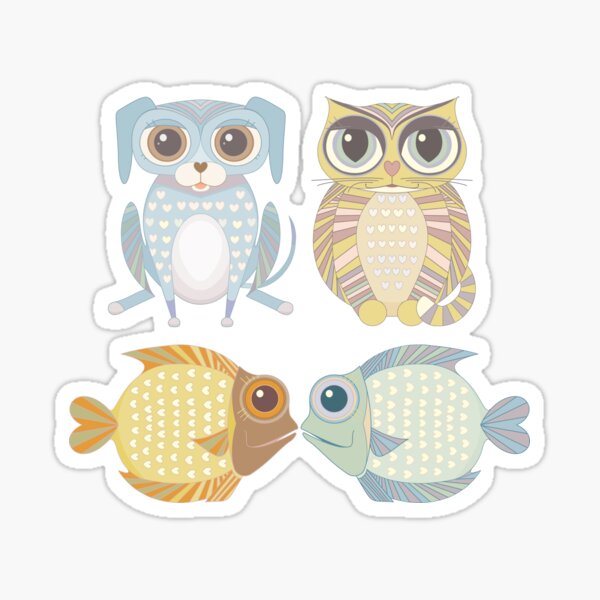 "Lanky Dog, Big-Eyed Cat & 2 Fish" Sticker for Sale by jgevans | Redbubble