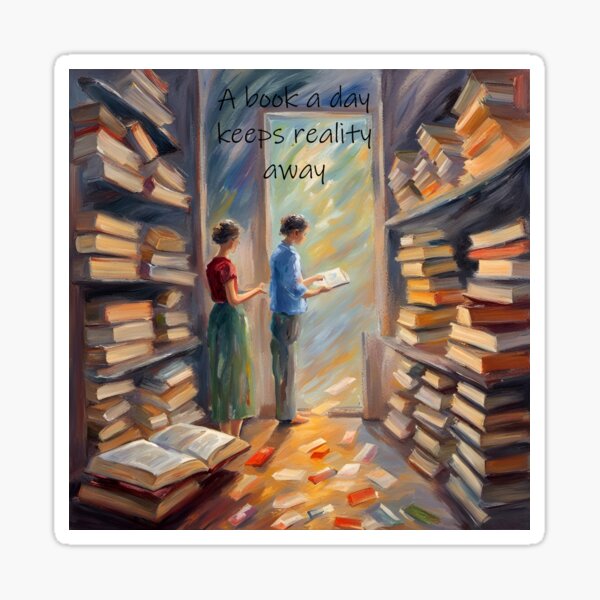 "A book a day keeps reality away." Sticker for Sale by druidwolfart ...
