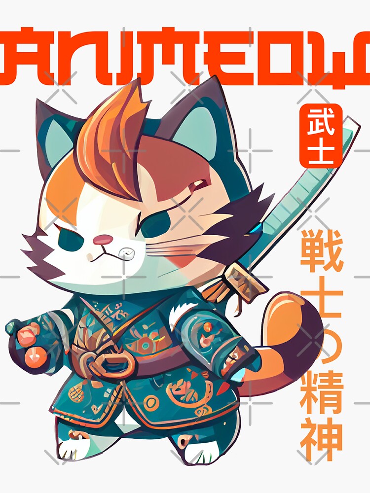 Animeow Samurai Cat Japanese Mix Colors Sticker For Sale By Mermaidselina Redbubble