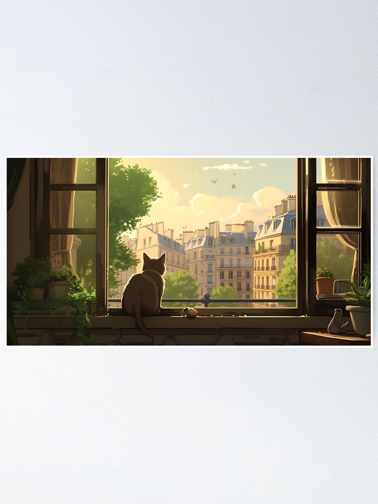 "Cute Cat in Window Illustration in Paris | Artwork for Cat Lovers ...