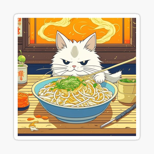 "Raman Cat Eating Noodles | Cute Kitty Cat Lover" Sticker for Sale by ...