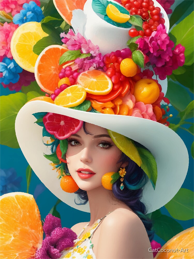 "А woman with a white hat and some colorful fruity" Sticker for Sale by ...