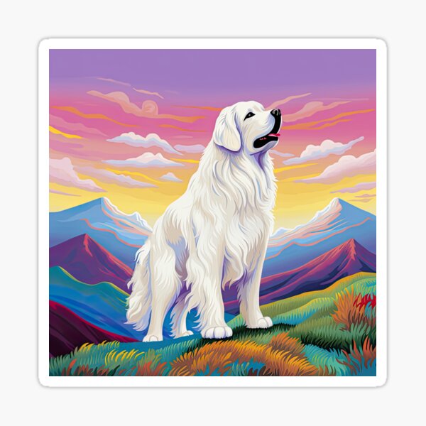 "Happy Colorful Great Pyrenees in the Pyrenees Mountains" Sticker for ...
