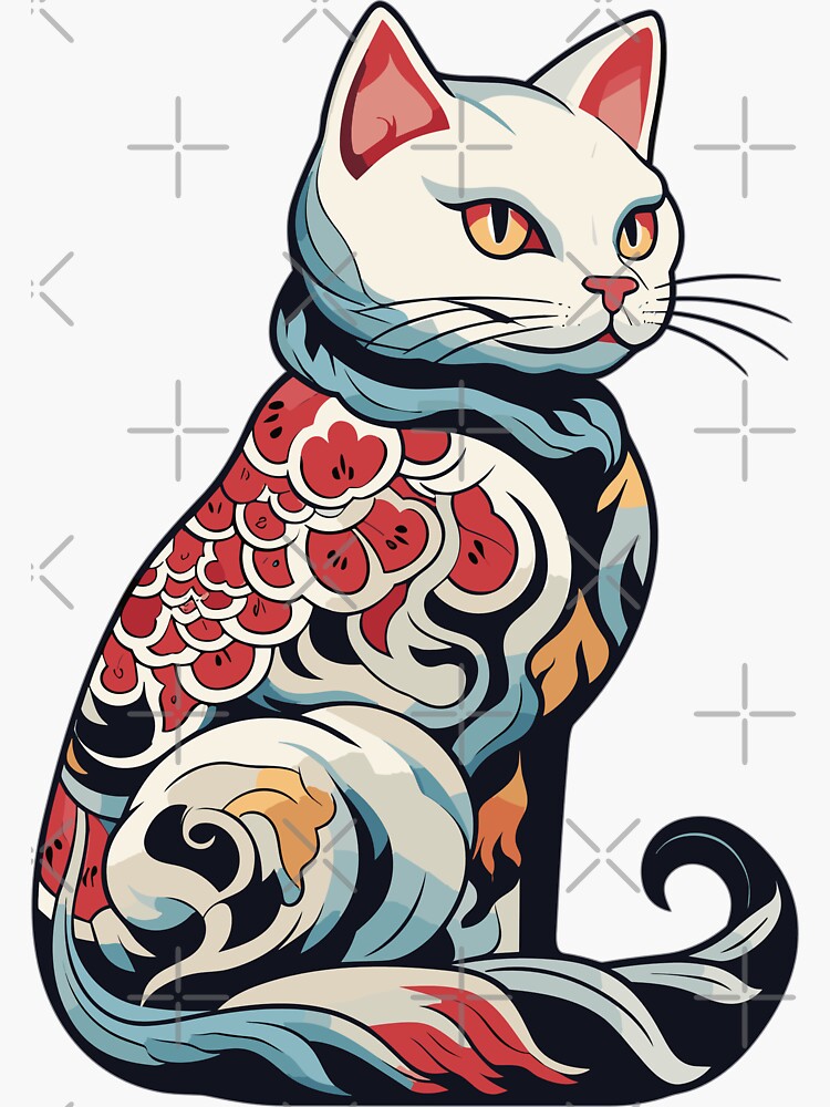 "White Cat with Colorful Asian Tattoo" Sticker for Sale by DetourShirts ...