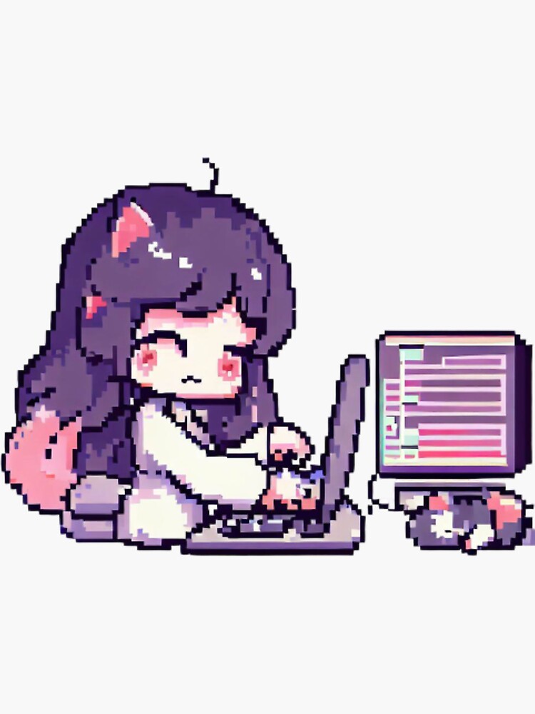 "cute anime girl coding while her cat is sleeping pixel art" Sticker ...