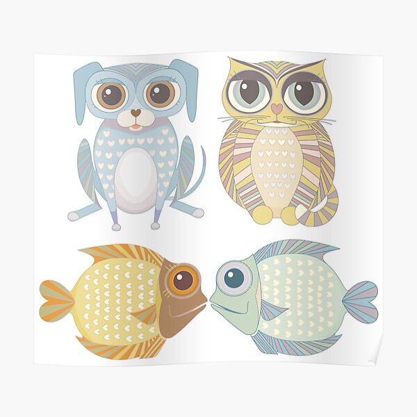 "Lanky Dog, Big-Eyed Cat & 2 Fish" Poster by jgevans | Redbubble
