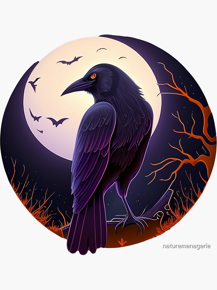"A raven looks backwards towards a full moon" Sticker for Sale by ...