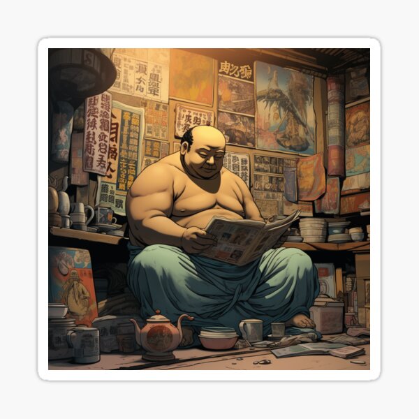 "A Fat Man Reading a Newspaper Illustration" Sticker for Sale by Sketch ...