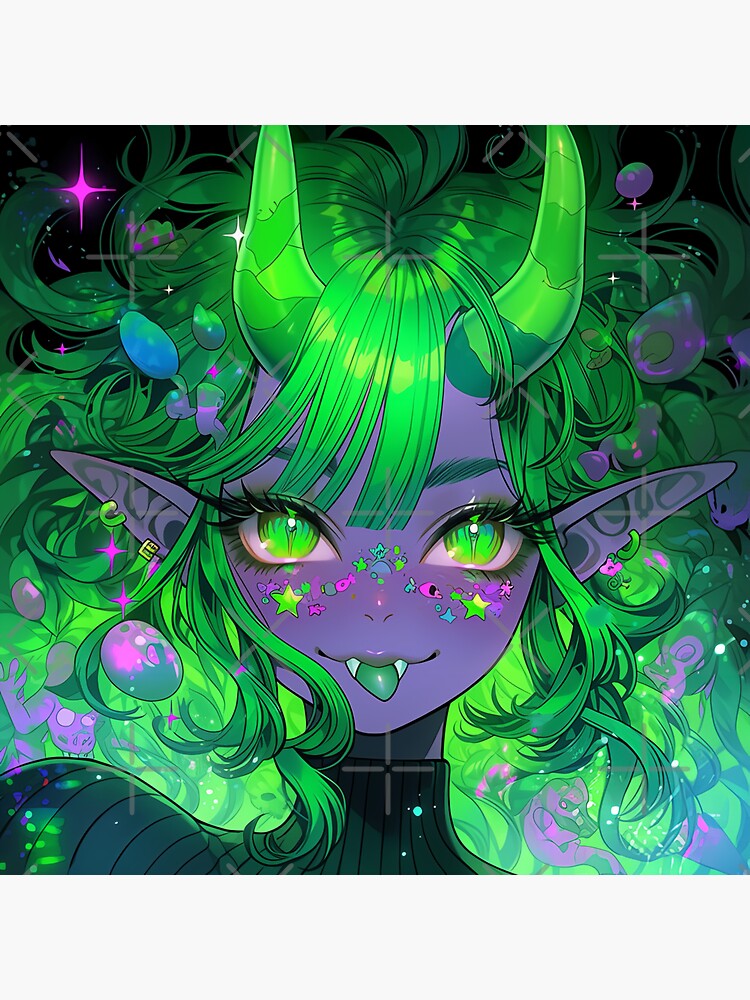 "Cute Goofy Green Demon Anime Girl" Sticker for Sale by bubblegoth ...