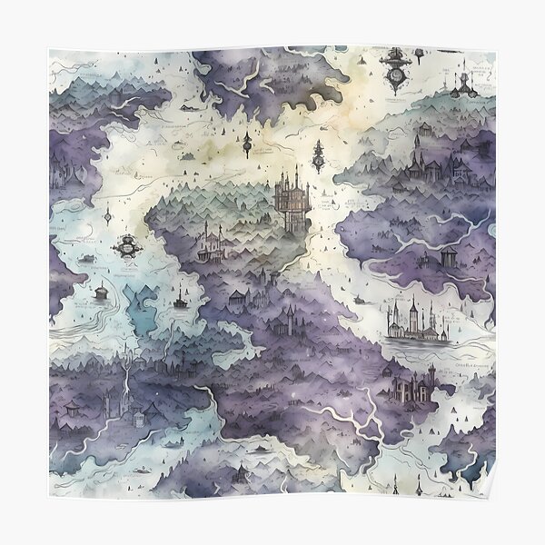 "Gothic Fantasy World Watercolor Map Pattern on Parchment" Poster for ...