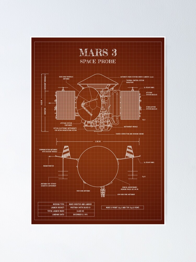 "Soviet Mars 3 Space Probe (Caramel Blueprint. Vertical)" Poster for ...