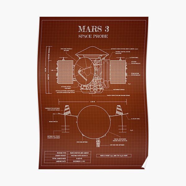 "Soviet Mars 3 Space Probe (Caramel Blueprint. Vertical)" Poster for ...