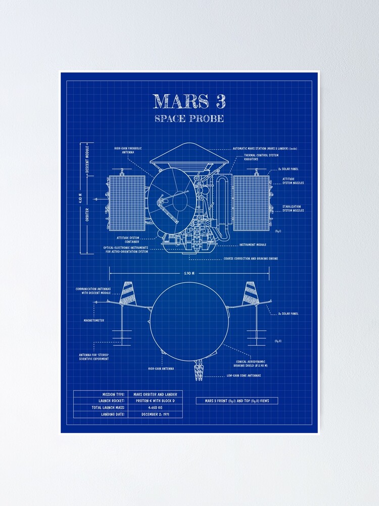 "Soviet Mars 3 Space Probe (Blueprint. Vertical)" Poster for Sale by ...
