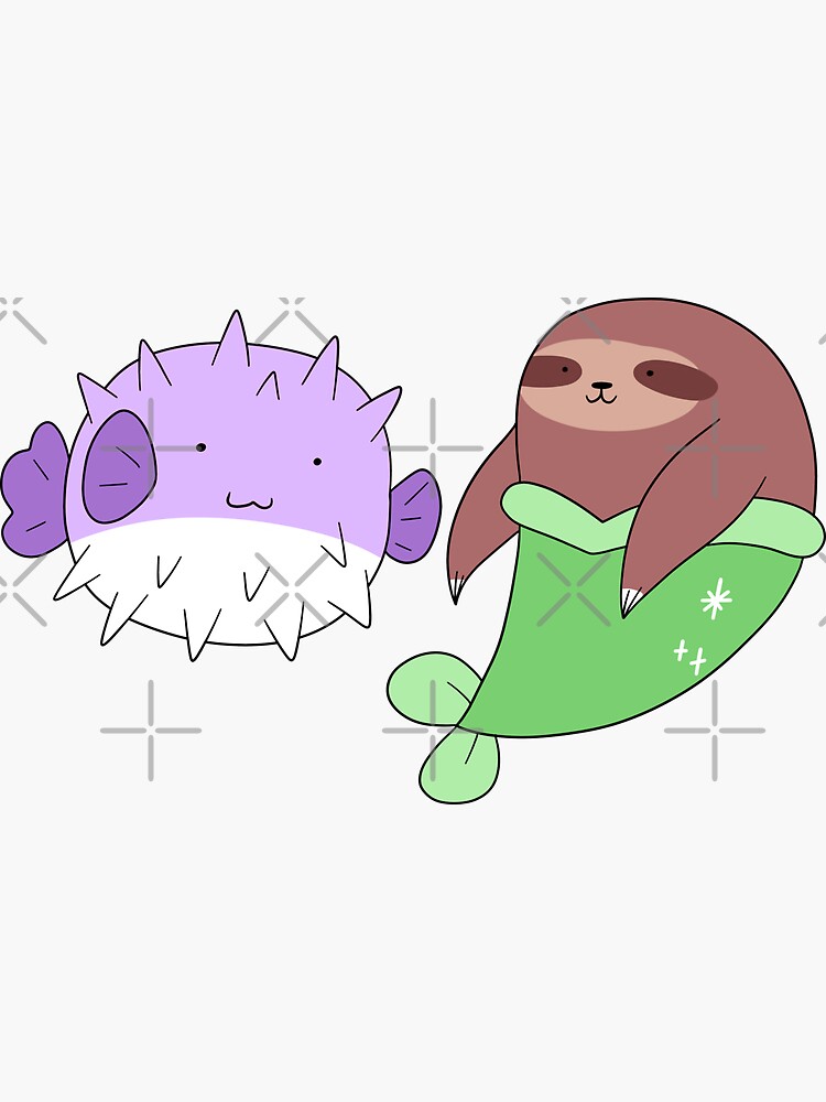 "Puffer Fish and Mermaid Sloth" Sticker by SaradaBoru | Redbubble