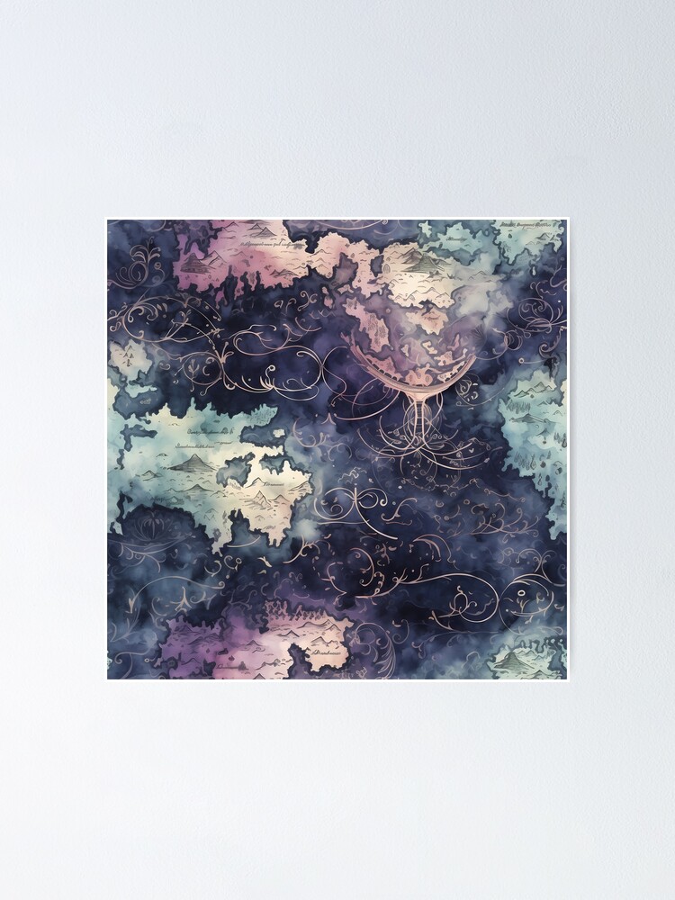 "Gothic Fantasy World Watercolor Map Pattern on Parchment" Poster for ...