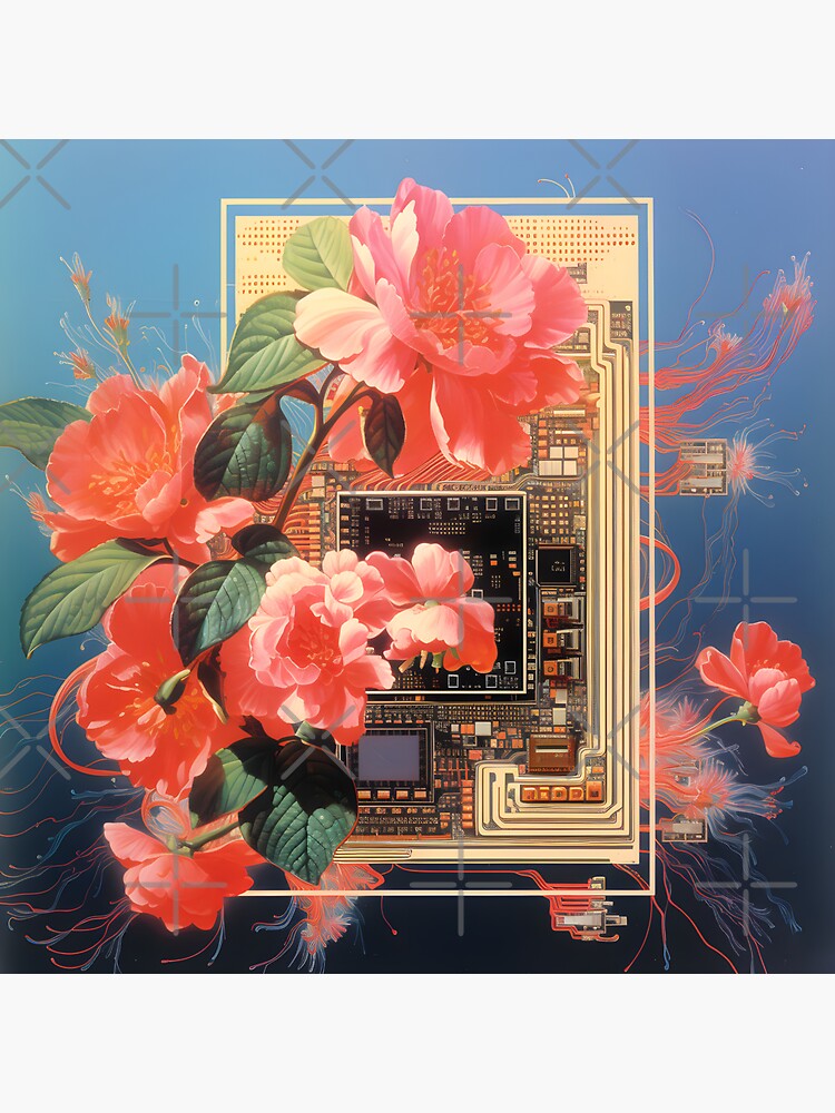 "Abstract Vintage Illustration of Microchip and Red Flowers" Sticker ...