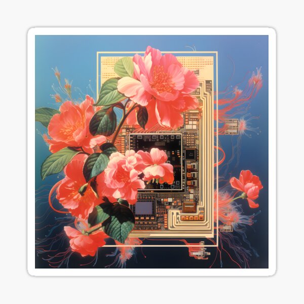 "Abstract Vintage Illustration of Microchip and Red Flowers" Sticker ...