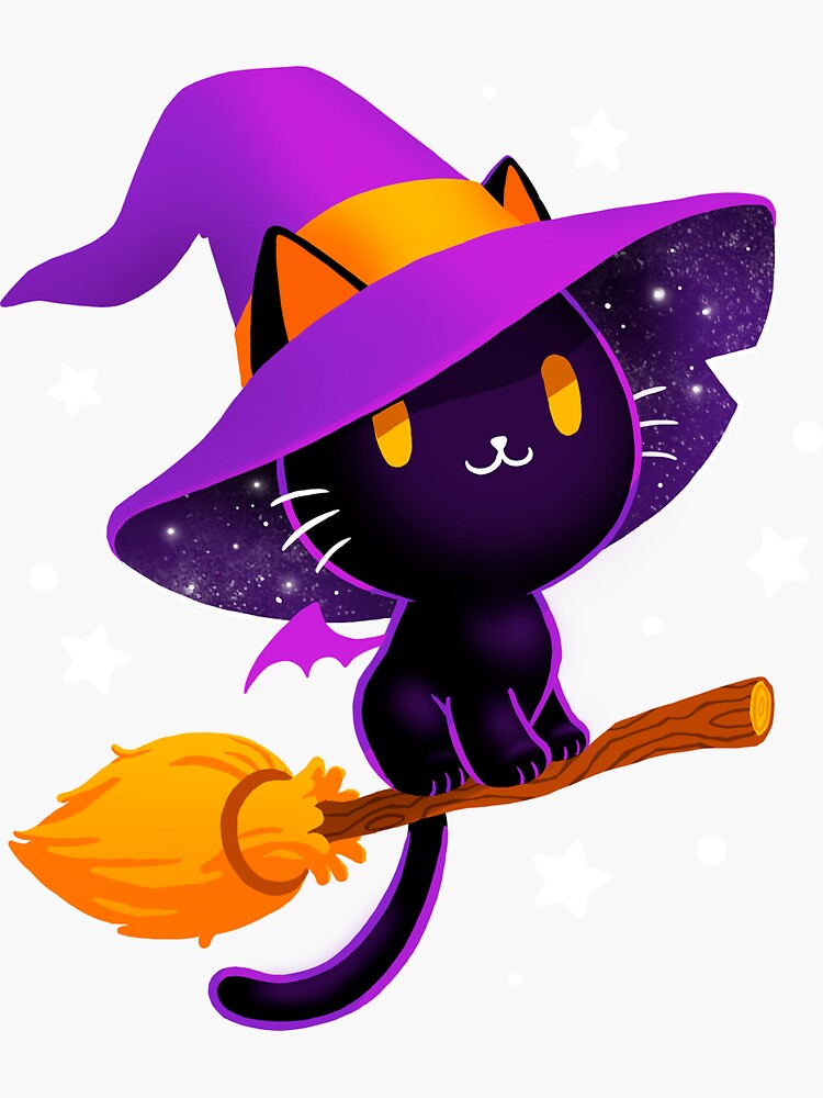"Witch cat - Black magic cat - cute spooky - Magical stars " Sticker by ...