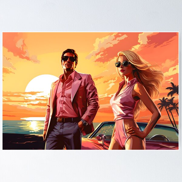 "Miami Vice Sunset Mobster, Blonde & Classic Car" Poster for Sale by ...