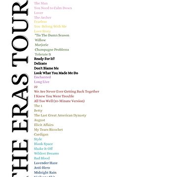 "eras tour setlist" Sticker for Sale by aprettypenny | Redbubble