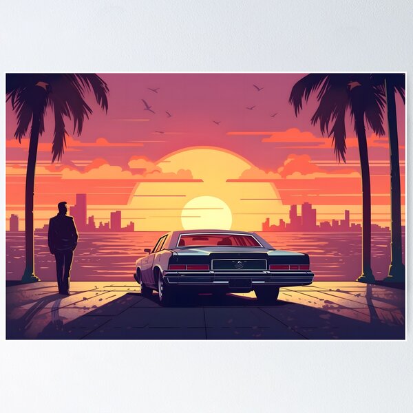 "Miami Vice Sunset Whispers Mobster, Palm Trees & Luxury Life" Poster ...