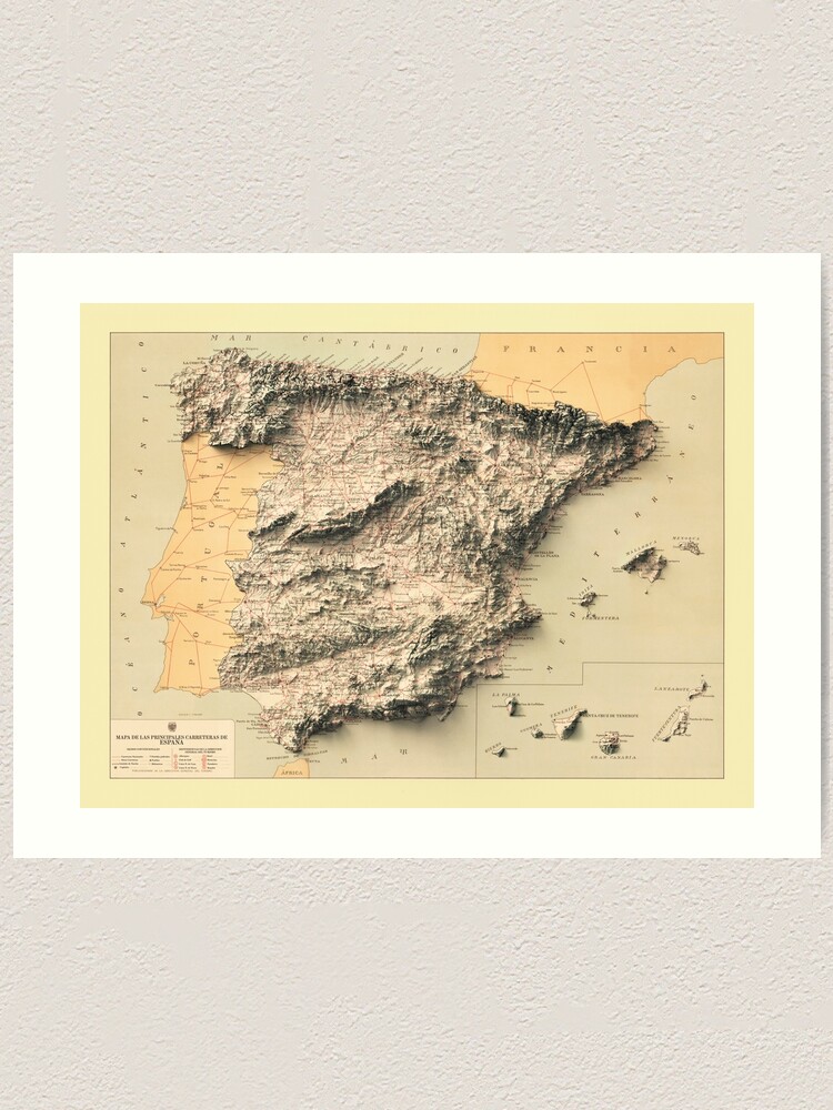 "1950 Spain Shaded Relief Map 3D digitally-rendered" Art Print for Sale ...