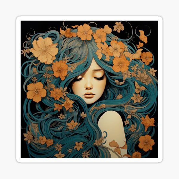 "A Lady with Flowers and Long Hair" Sticker for Sale by Juliascutecornr ...