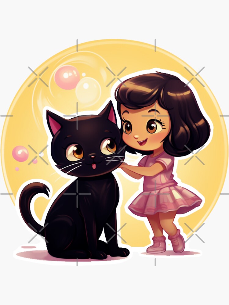 "cute girl with her black cat in bubble background (white background)" Sticker for Sale by ...