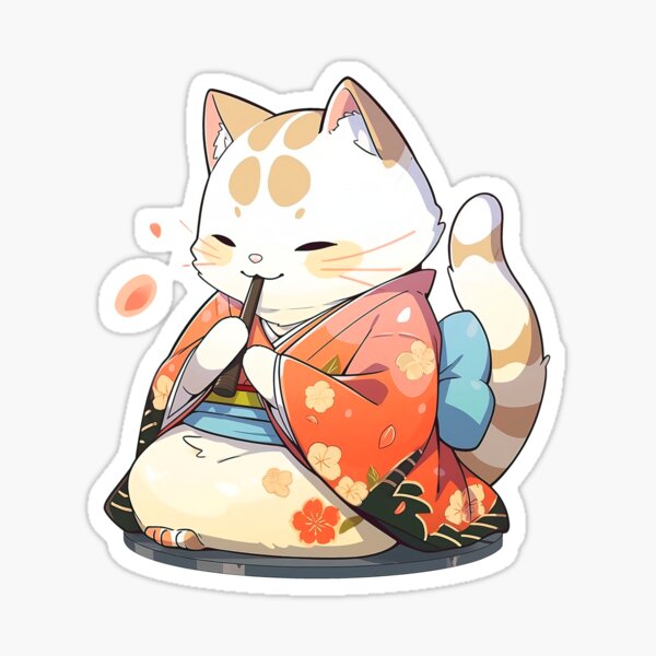 "Cute Kawaii Philosopher Cat in Japanese Kimono Playing a Flute ...