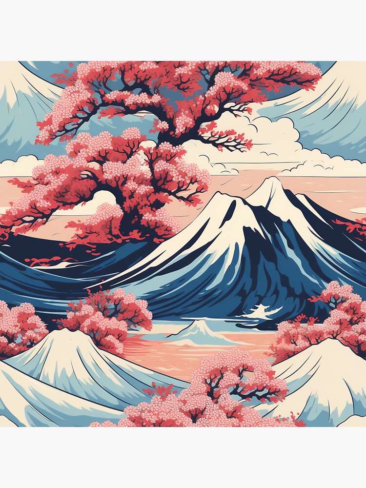 "Ukiyo-e Mountain and Cherry Blossom Tree Pattern" Sticker by UkiyoChic ...