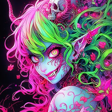 "Fierce Pink and Green Demon Anime Girl" Sticker for Sale by bubblegoth ...