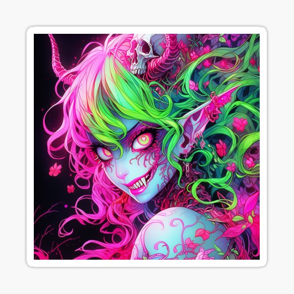 "Fierce Pink and Green Demon Anime Girl" Sticker for Sale by bubblegoth ...