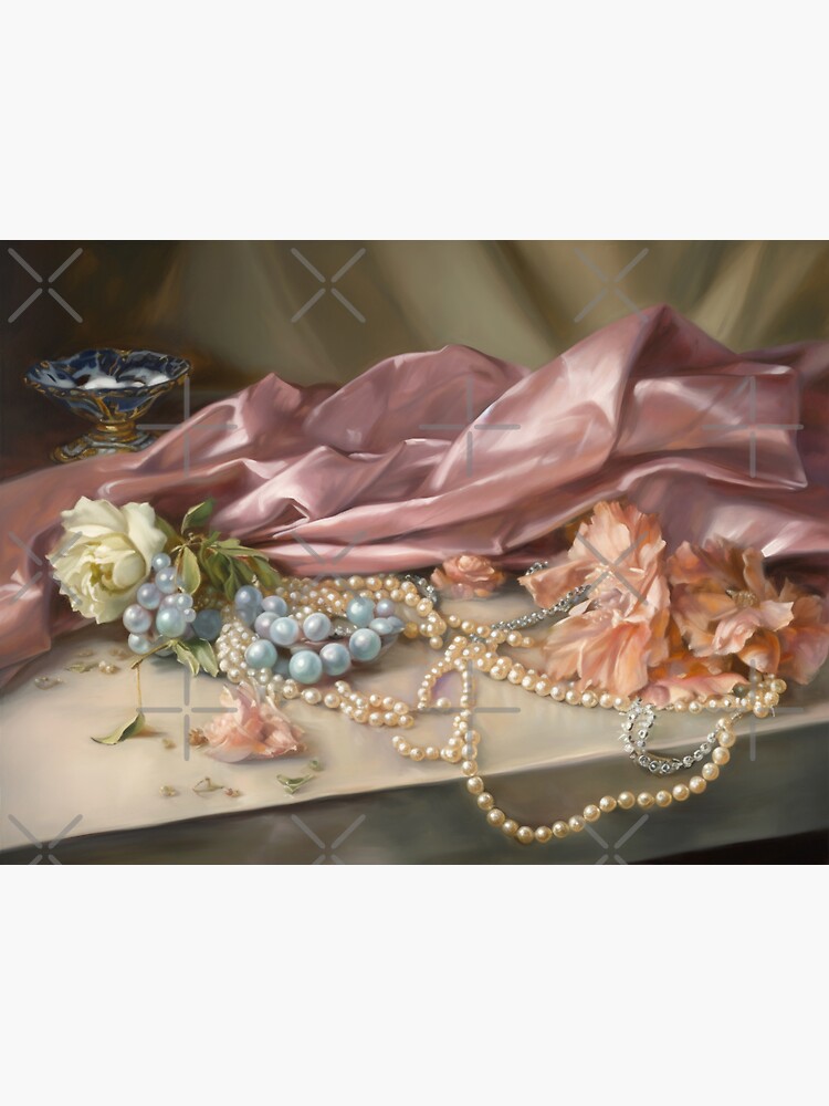 "Coquette aesthetic vintage painting of a nature morte with jewellery ...