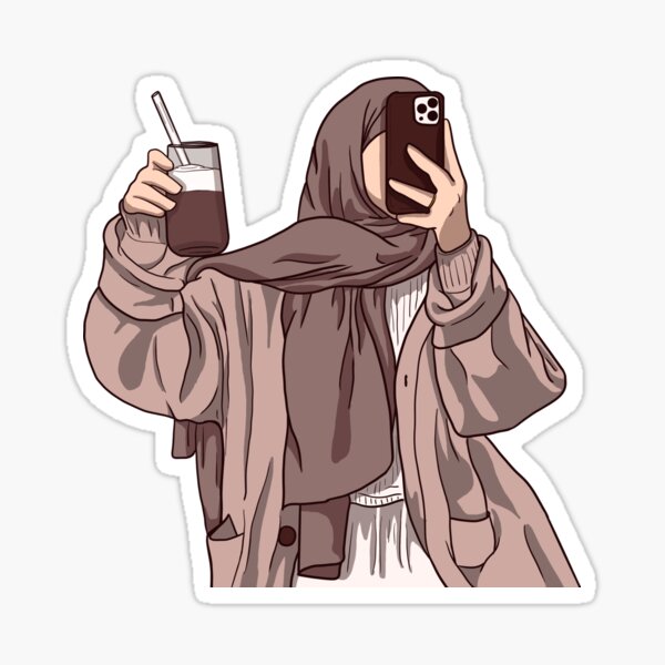 "HIJABI IN BROWN HOLDING PHONE AND COFFEE" Sticker by WABEY | Redbubble