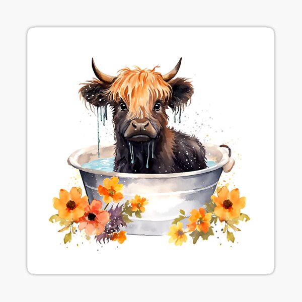 "Cute Black Highland Cow taking a bath" Sticker for Sale by ...