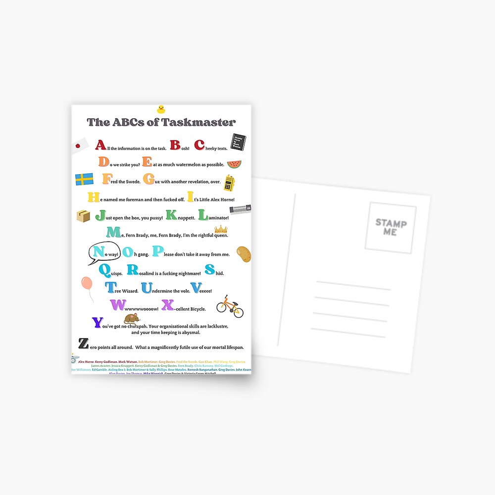 "ABCs of Taskmaster | Taskmaster UK" Poster for Sale by Hell0Potato ...