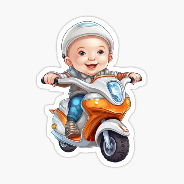 "Baby Riding an Orange Toy Scooter (blue background)" Sticker for Sale ...