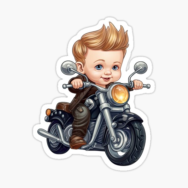 "A baby Riding a Black Toy Motorcycle (red background)" Sticker for ...