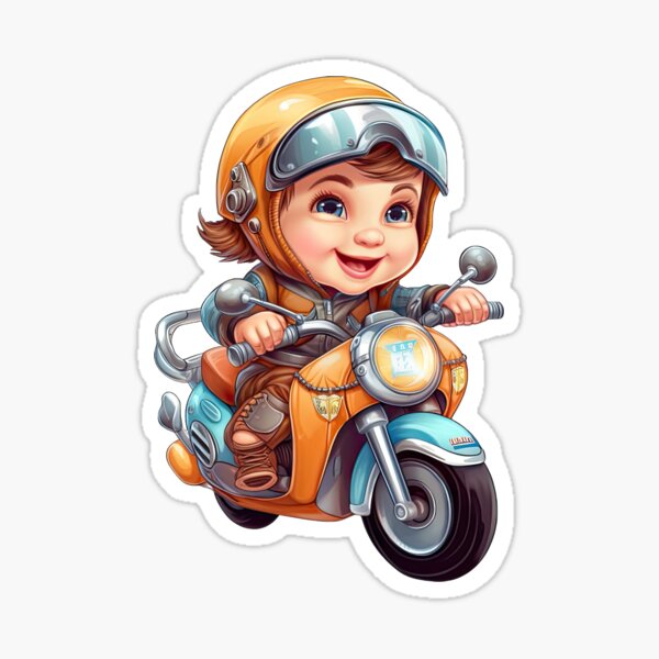 "A Baby Riding an Orange Toy Scooter (green background)" Sticker for ...