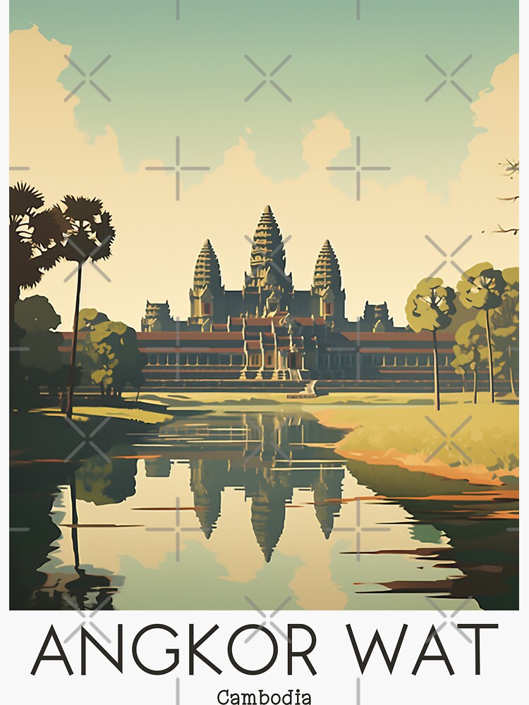 "A Vintage Travel Illustration of Angkor Wat - Cambodia" Sticker for ...